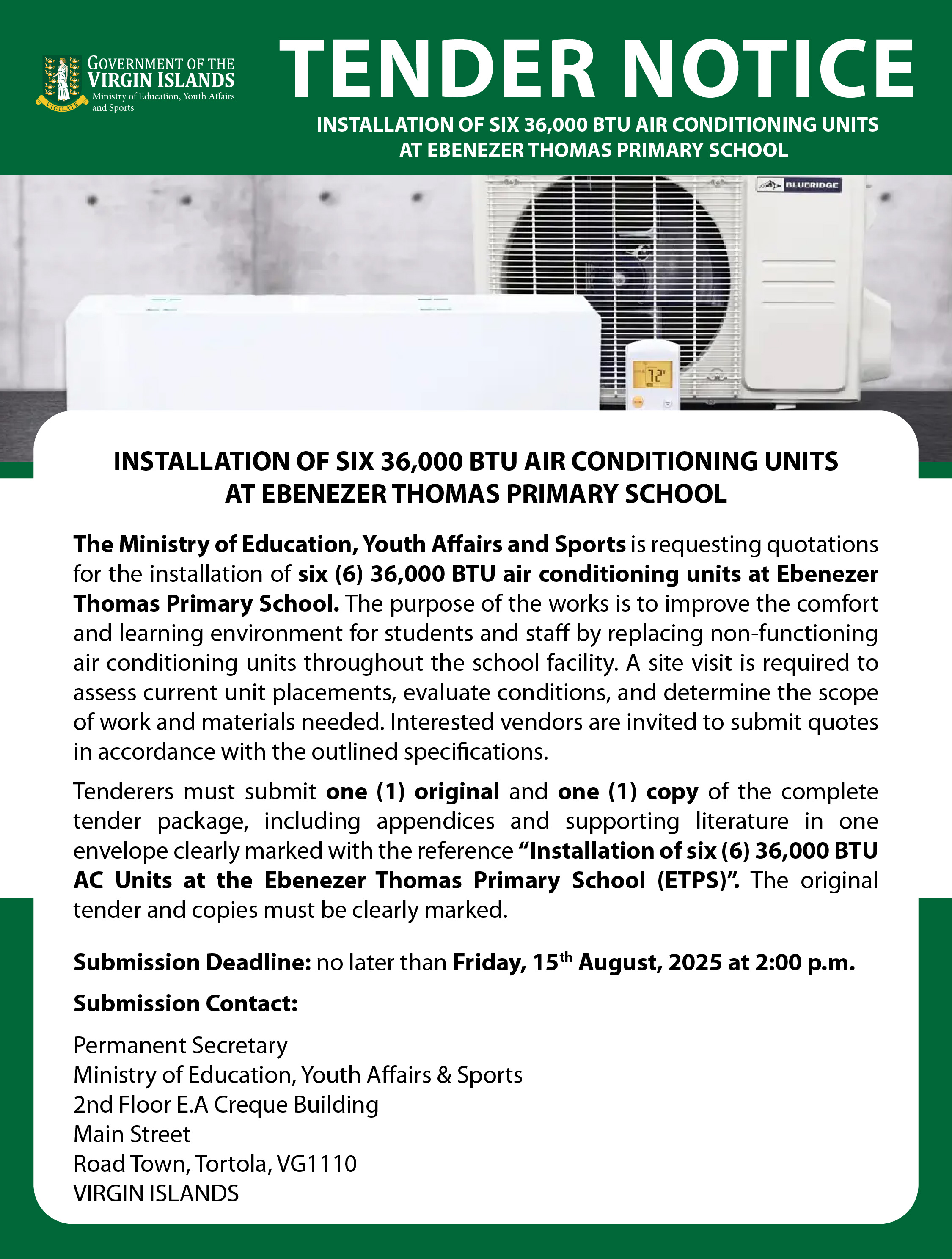 Tenders Invited to Install AC Units at Ebenezer Thomas Primary School ...