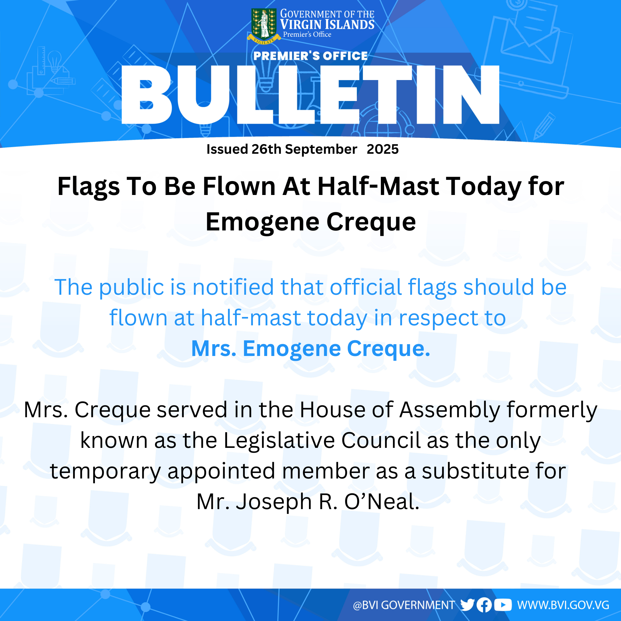 Flags To Be Flown At Half-Mast Today for Emogene Creque | GOV.VG