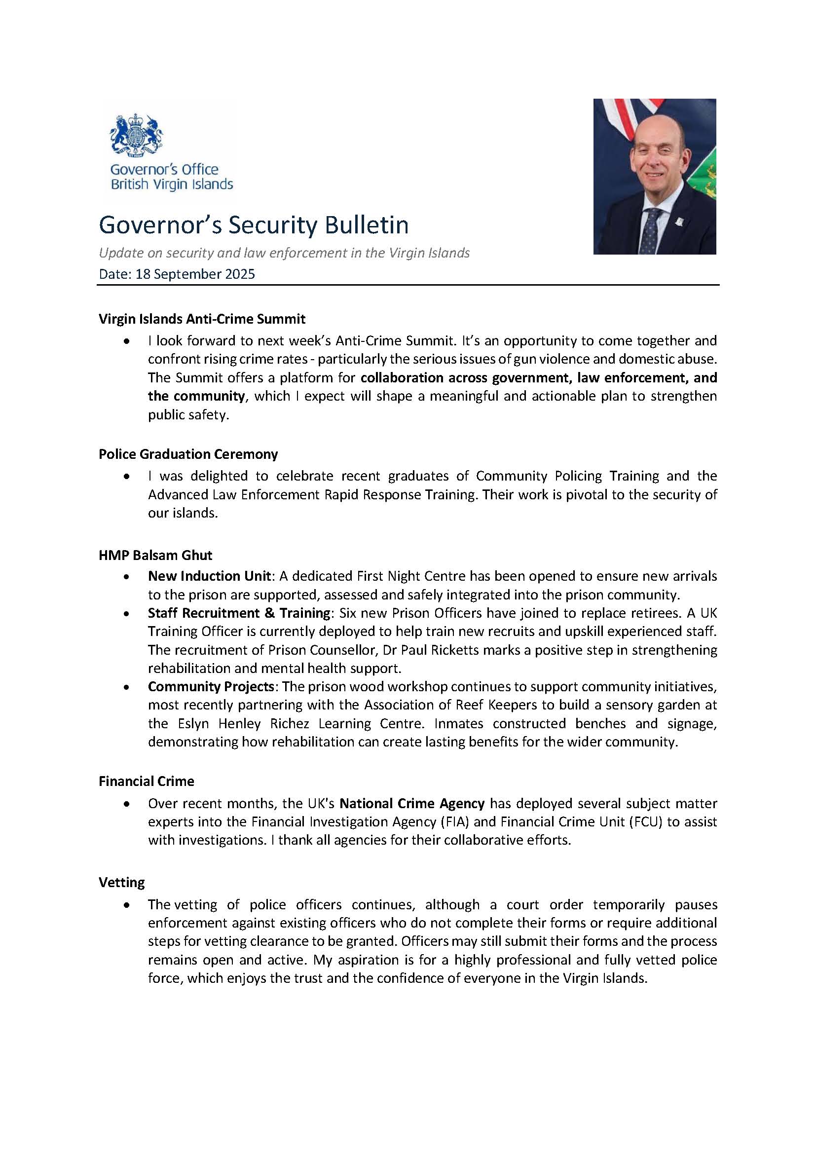Governor's Security Bulletin | 18th September, 2025 | GOV.VG