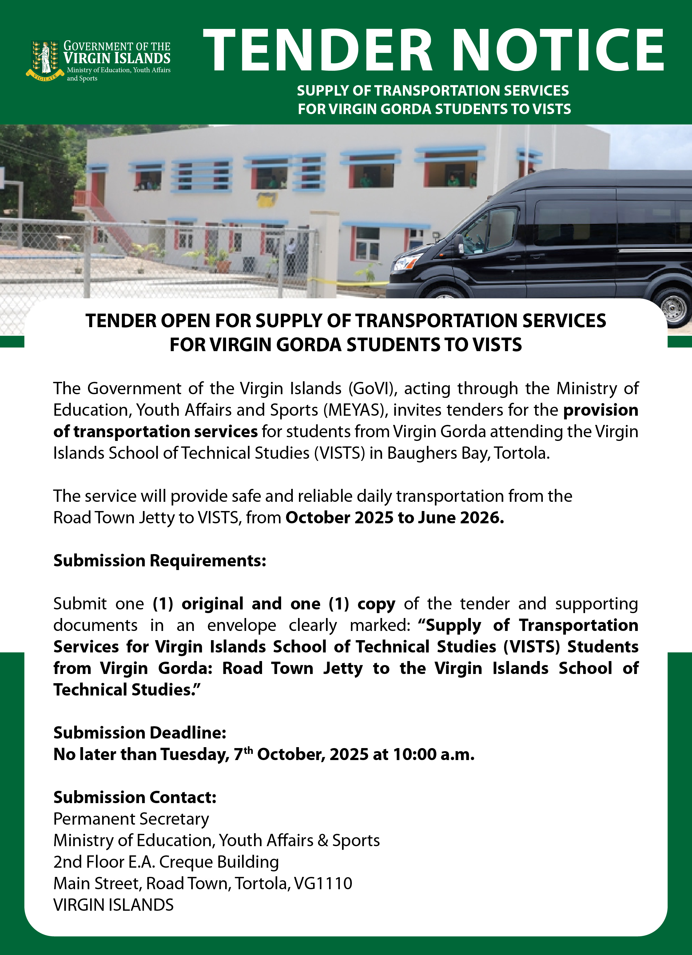 Tenders Invited for Transportation of Virgin Gorda Students to VISTS | GOV.VG