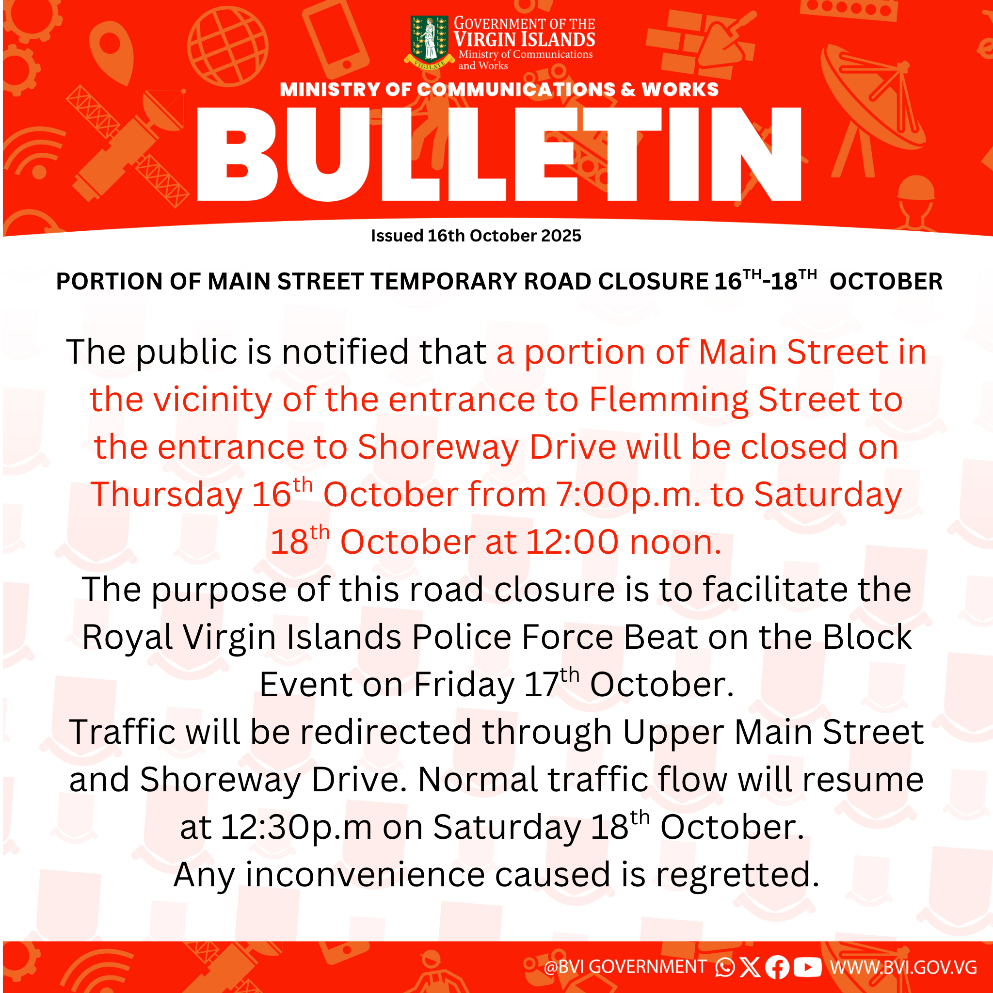 Portion of Main Street Temporary Road Closure 16th-18th October | GOV.VG