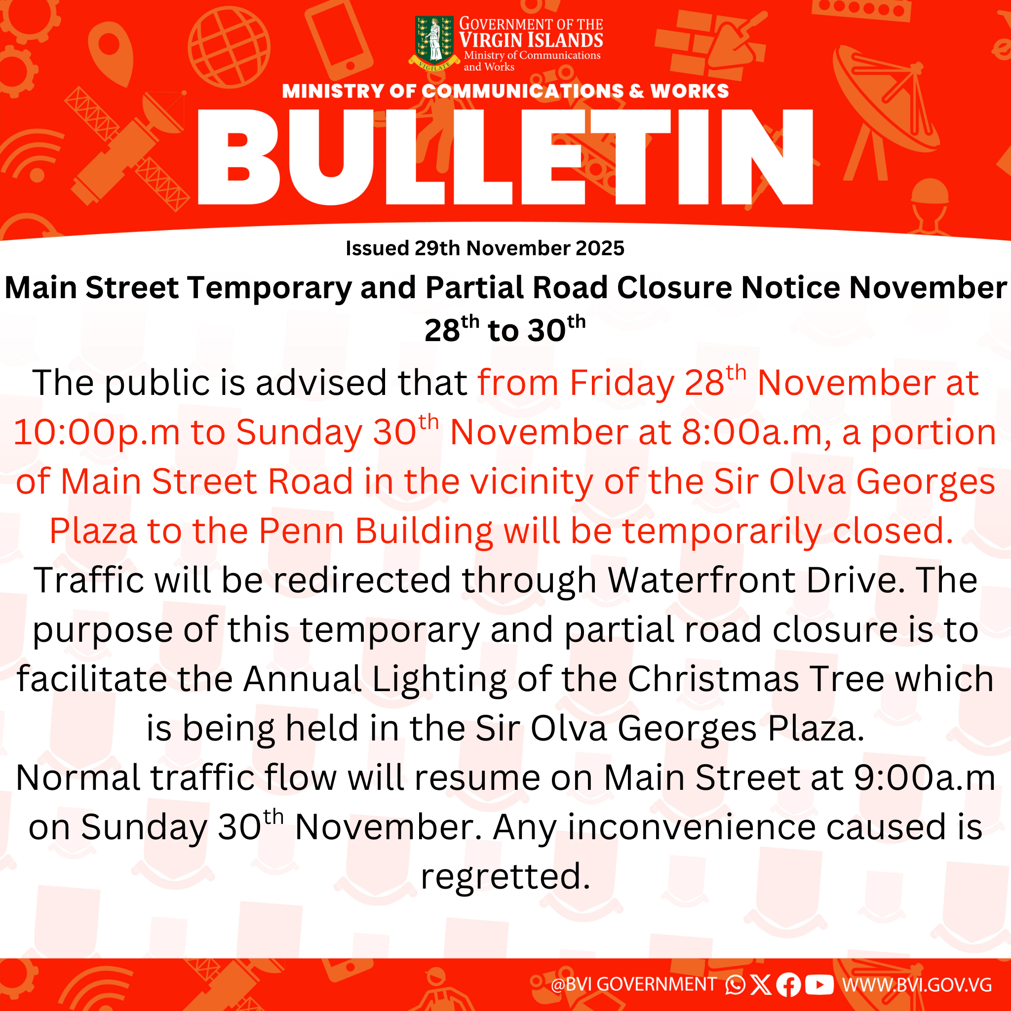 Main Street Temporary and Partial Road Closure Notice November 28th to 30th | GOV.VG