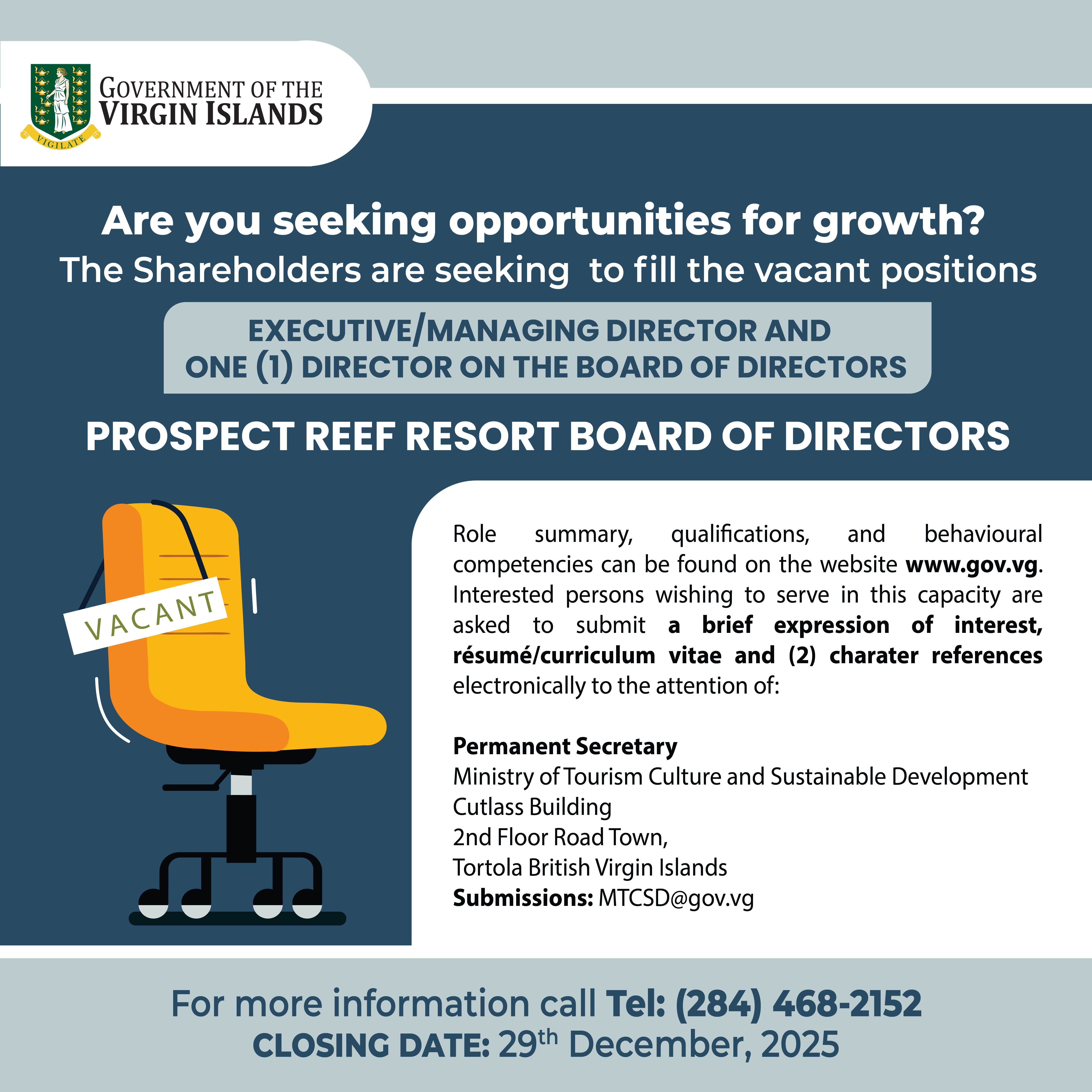 Vacancies: Prospect Reef Resort Board | GOV.VG