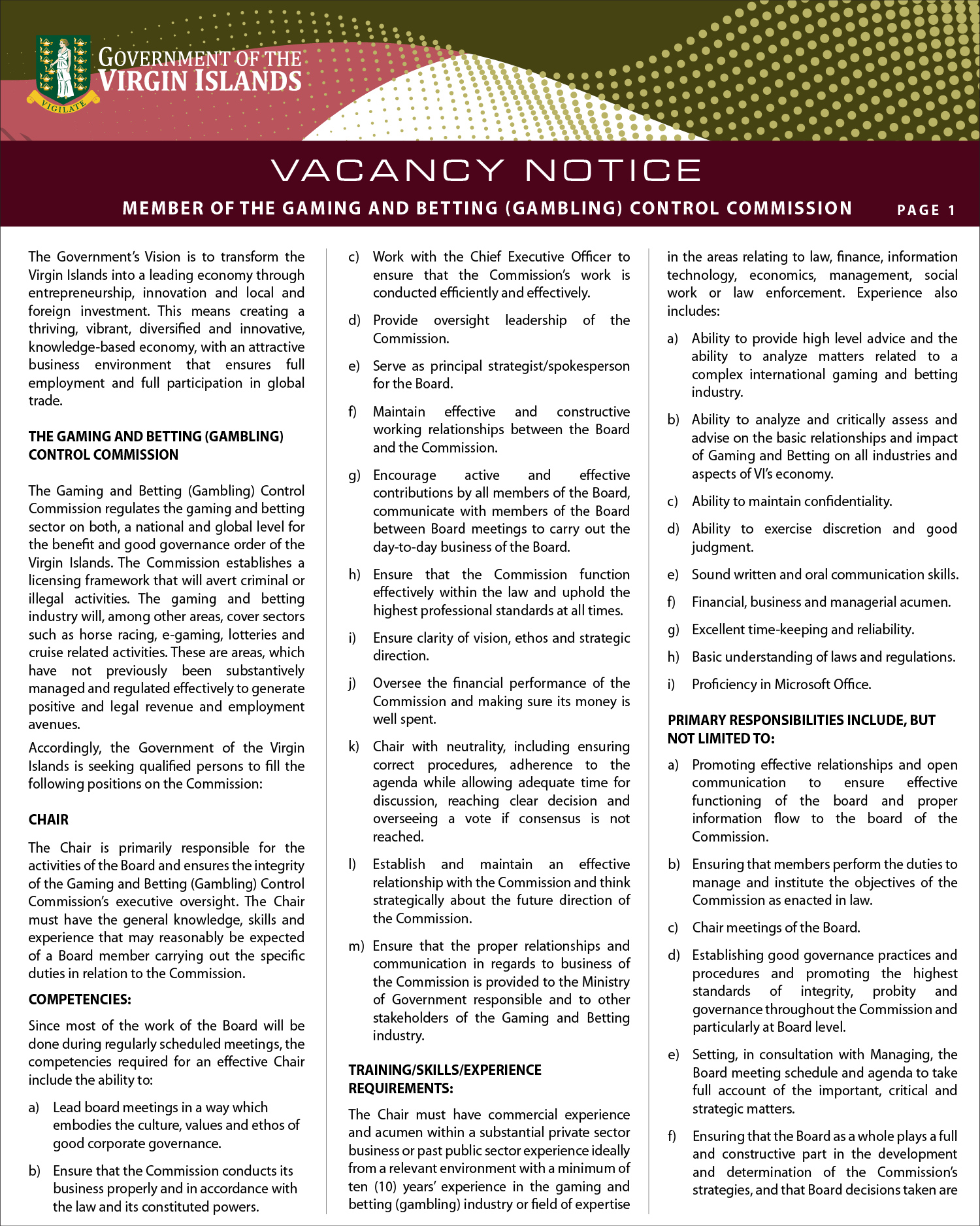 Vacancy - The Gaming and Betting (Gambling) Control Commission | GOV.VG