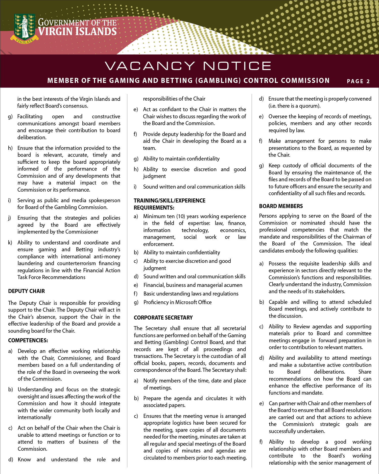 Vacancy - The Gaming and Betting (Gambling) Control Commission | GOV.VG