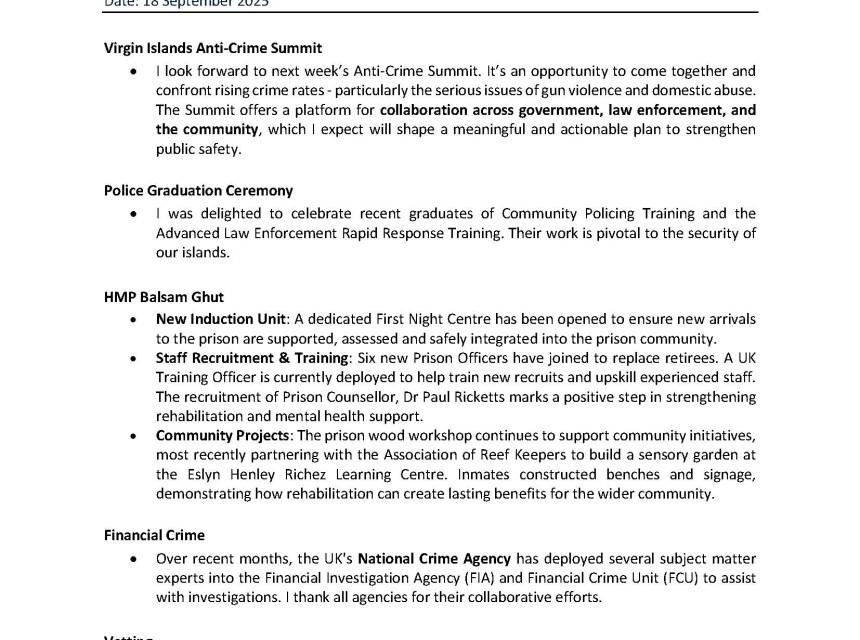 Governor's Security Bulletin | 18th September, 2025 | GOV.VG